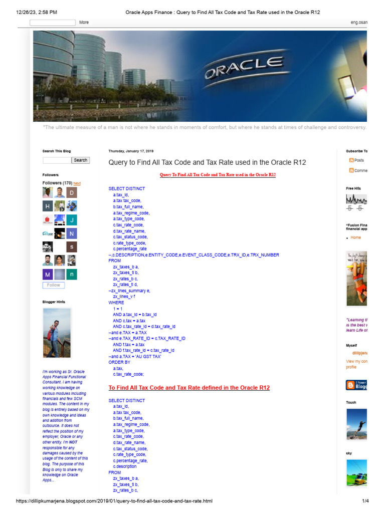 Oracle Apps Finance - Query To Find All Tax Code and Tax Rate Used in The Oracle R12 | PDF ...