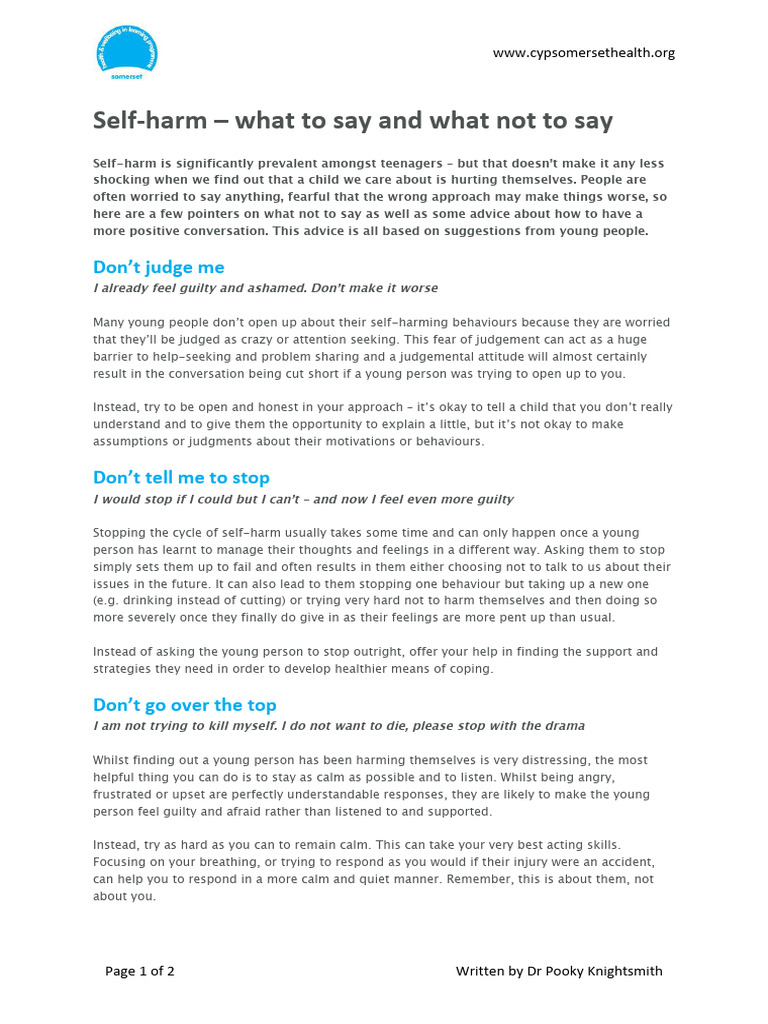 Self-Harm - What To Say and What Not To Say | PDF | Thought | Reason