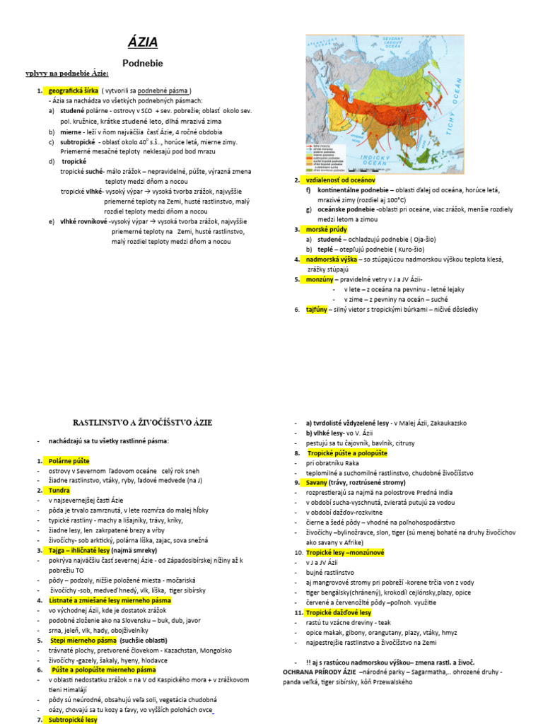 Azia - Priroda - Doplnok-Podnebie Rastlinstvo Zivocisstvo | PDF