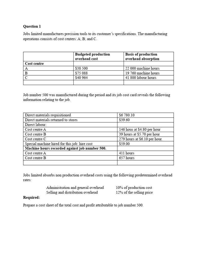 Job Costing Home Work Question 1 | PDF | Cost | Economics