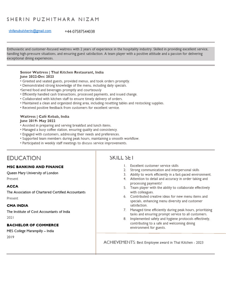 Sherin Reyes: Experienced Waitress Resume | PDF | Menu | Restaurants