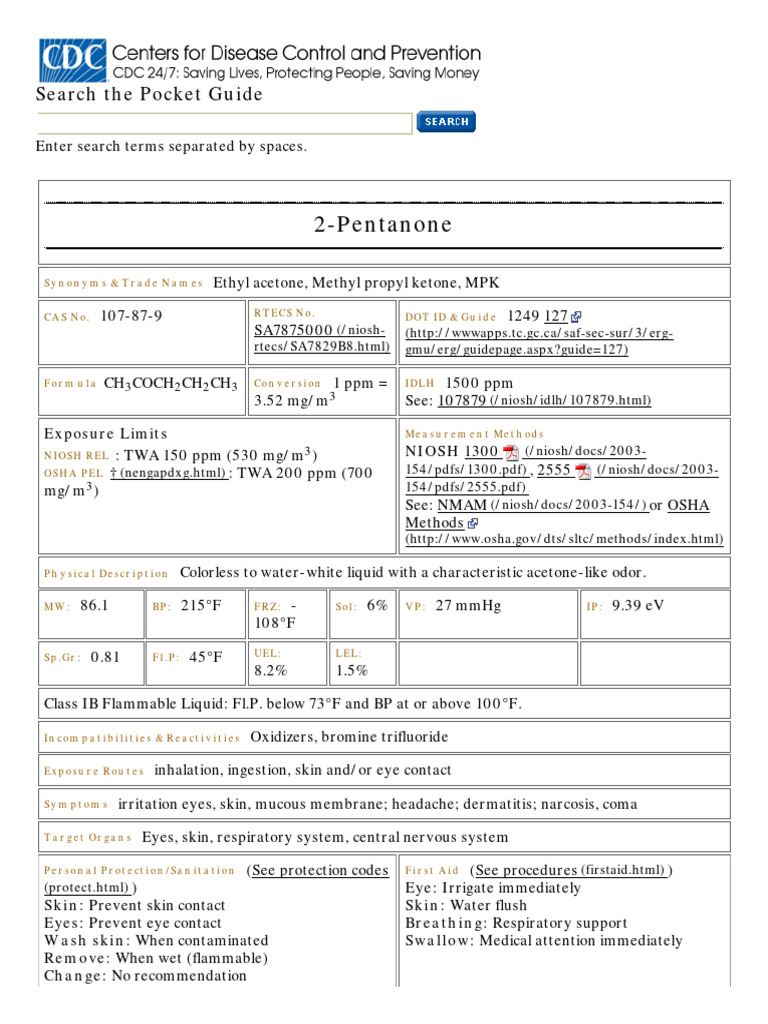 CDC - NIOSH Pocket Guide To Chemical Hazards - 2-Pentanone | PDF ...