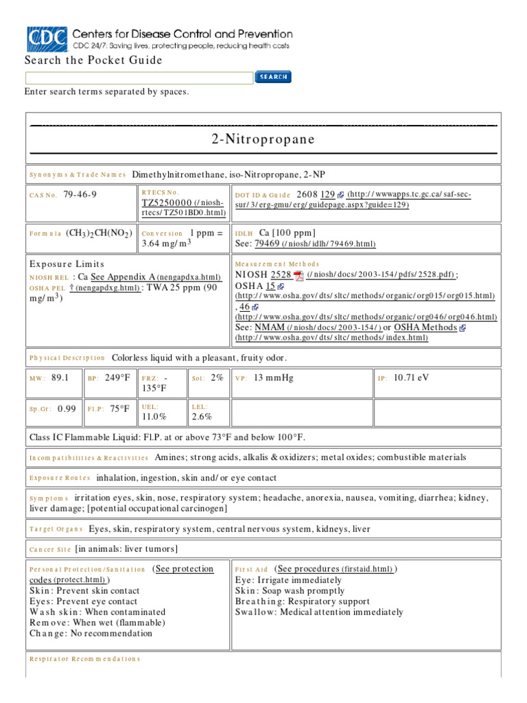 CDC - NIOSH Pocket Guide To Chemical Hazards - 2-Nitropropan | PDF ...