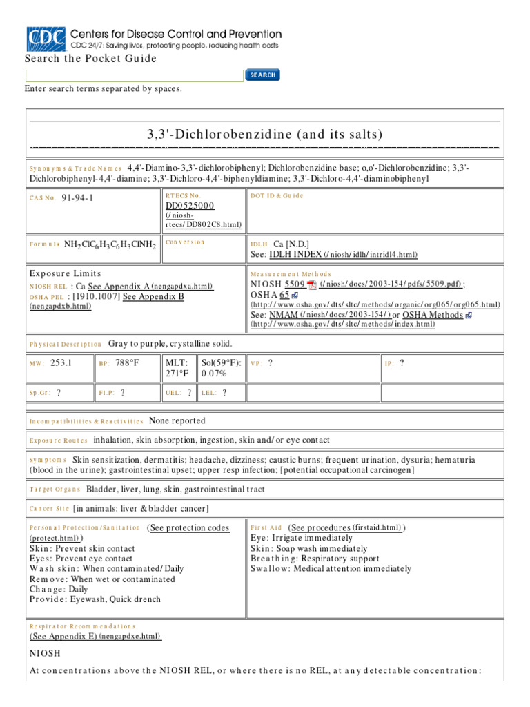 CDC - NIOSH Pocket Guide to Chemical Hazards - 3,3'-Dichloro | PDF ...