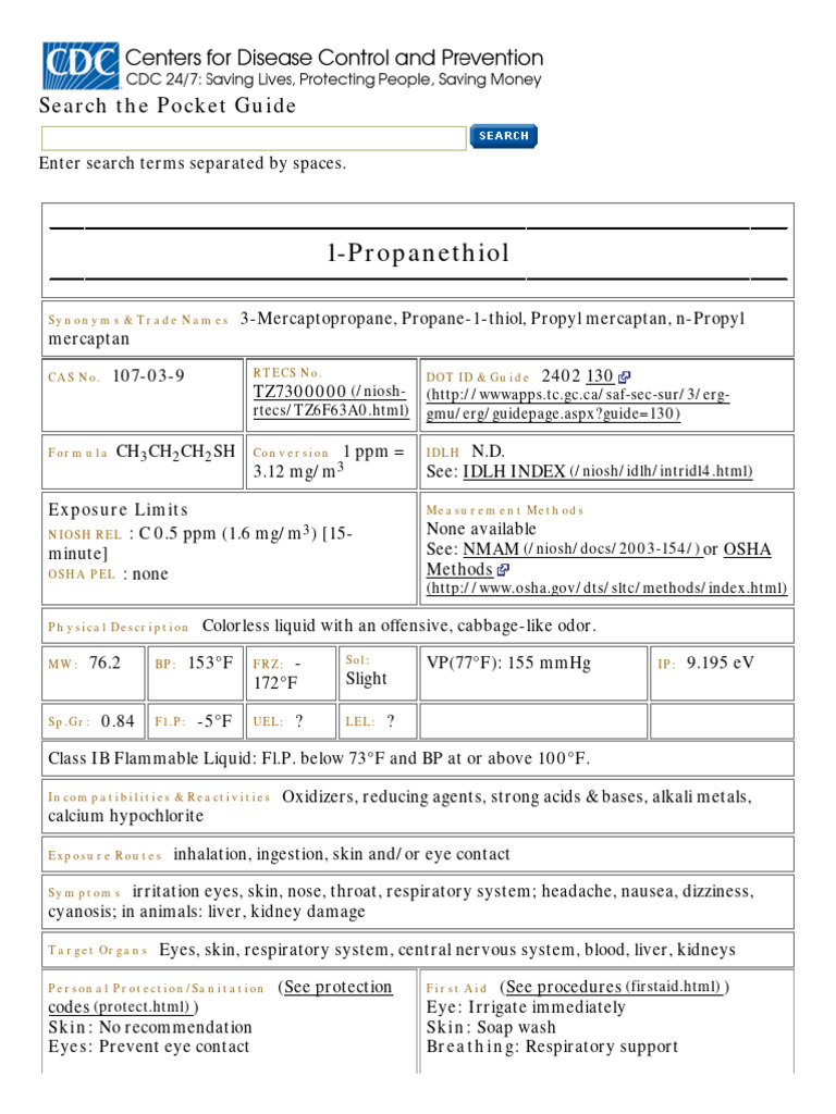 CDC - NIOSH Pocket Guide To Chemical Hazards - 1-Propanethio | PDF ...