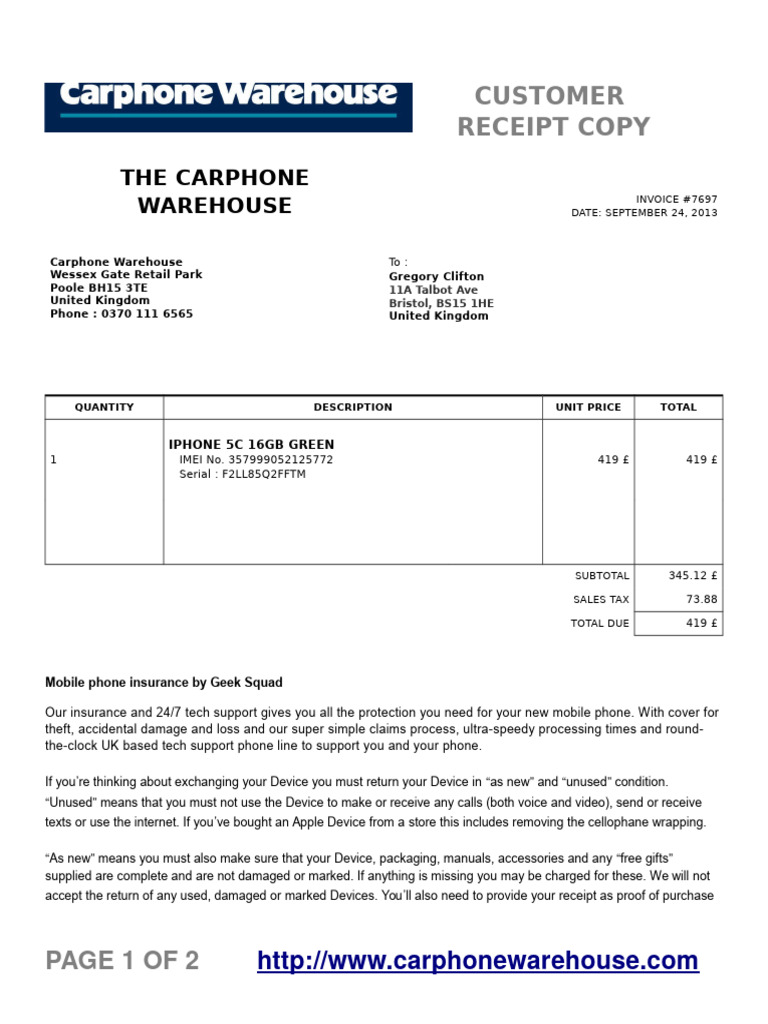 Carphone 2013 | PDF | Receipt | I Phone