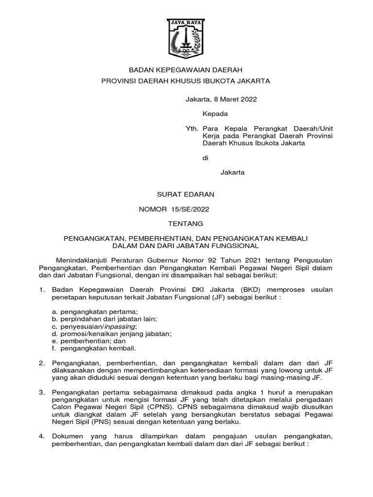 Surat Edaran BKD DKI Jakarta No. 15/2022 | PDF