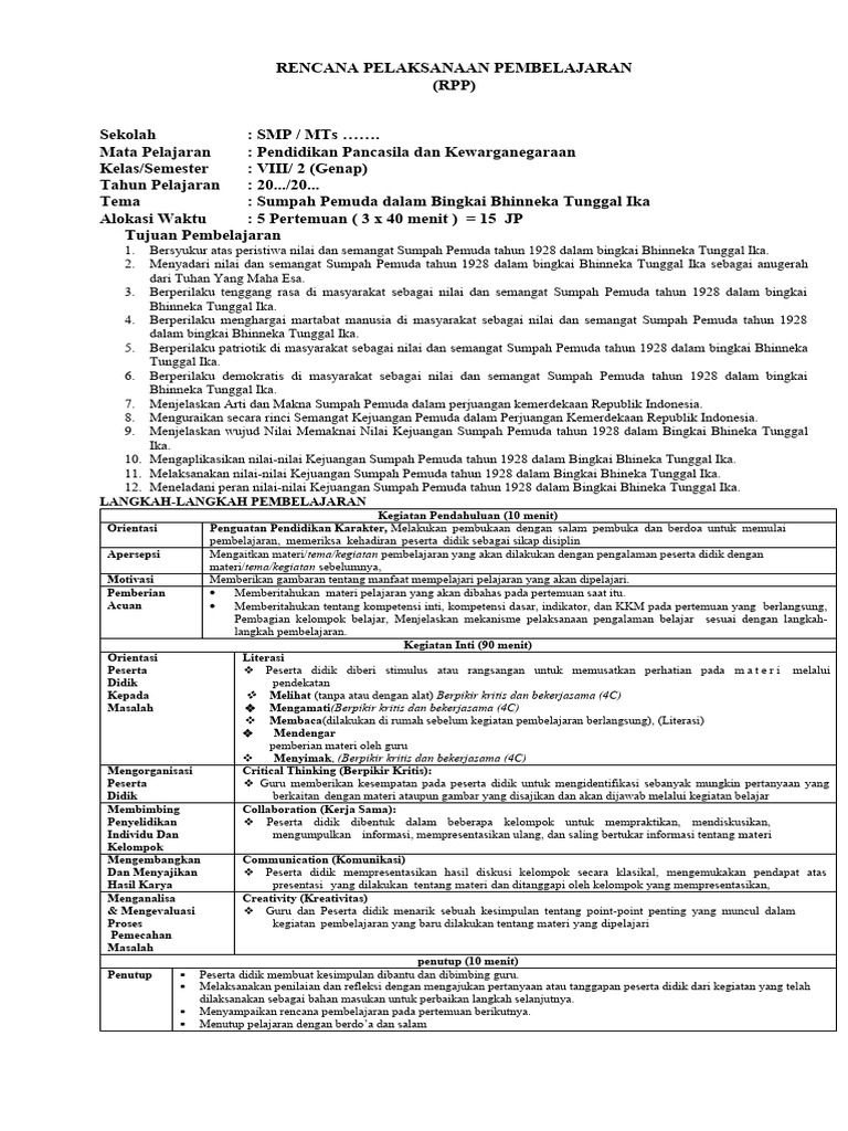 RPP 5. Sumpah Pemuda Dalam Bingkai Bhinneka Tunggal Ika | PDF
