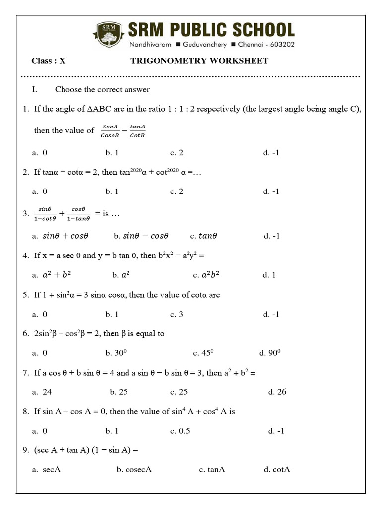 Trigonometry Worksheet for Class X | PDF