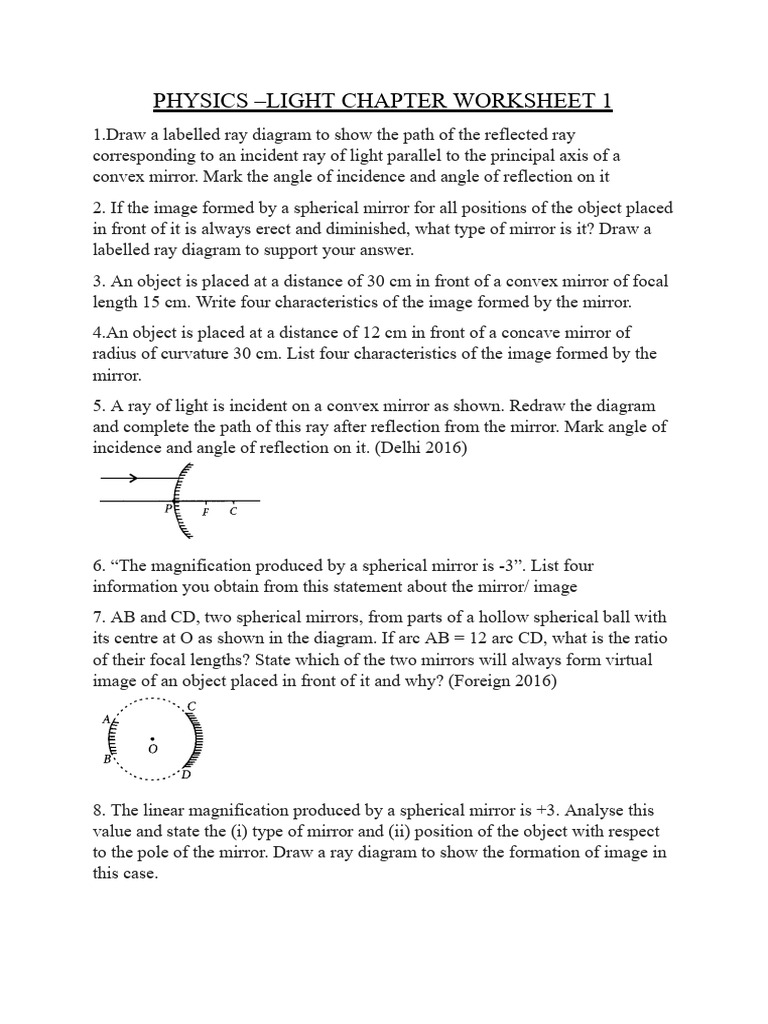 Physics Light Worsheet-1 | PDF | Mirror | Optics