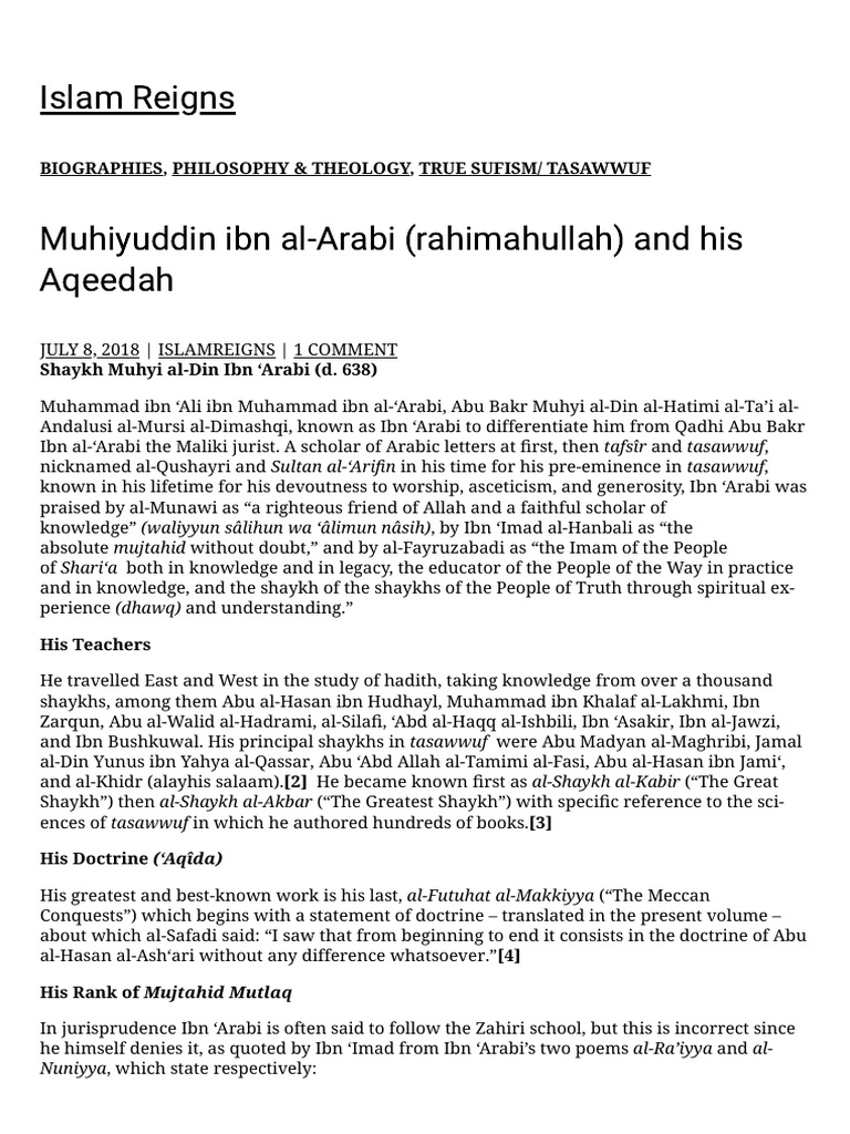 Muhiyuddin Ibn Al-Arabi (Rahimahullah) and His Aqeedah - Islam R | PDF ...