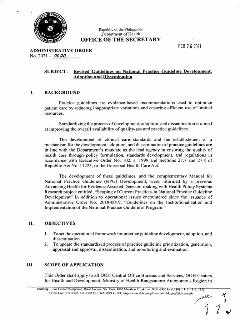 AO 2021-0020 Revised Guidelines On National Practice Guideline ...