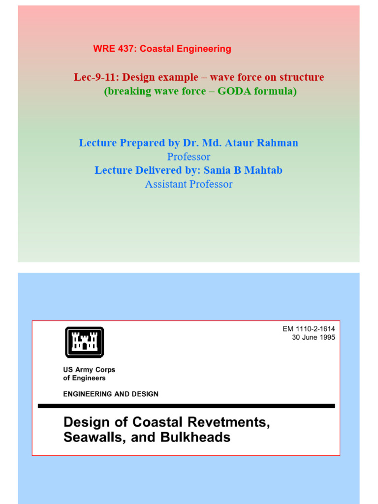 Lec-W9-W11 Design Example - Wave Force On Structures (Breaking - GODA Formula) | PDF | Teaching ...