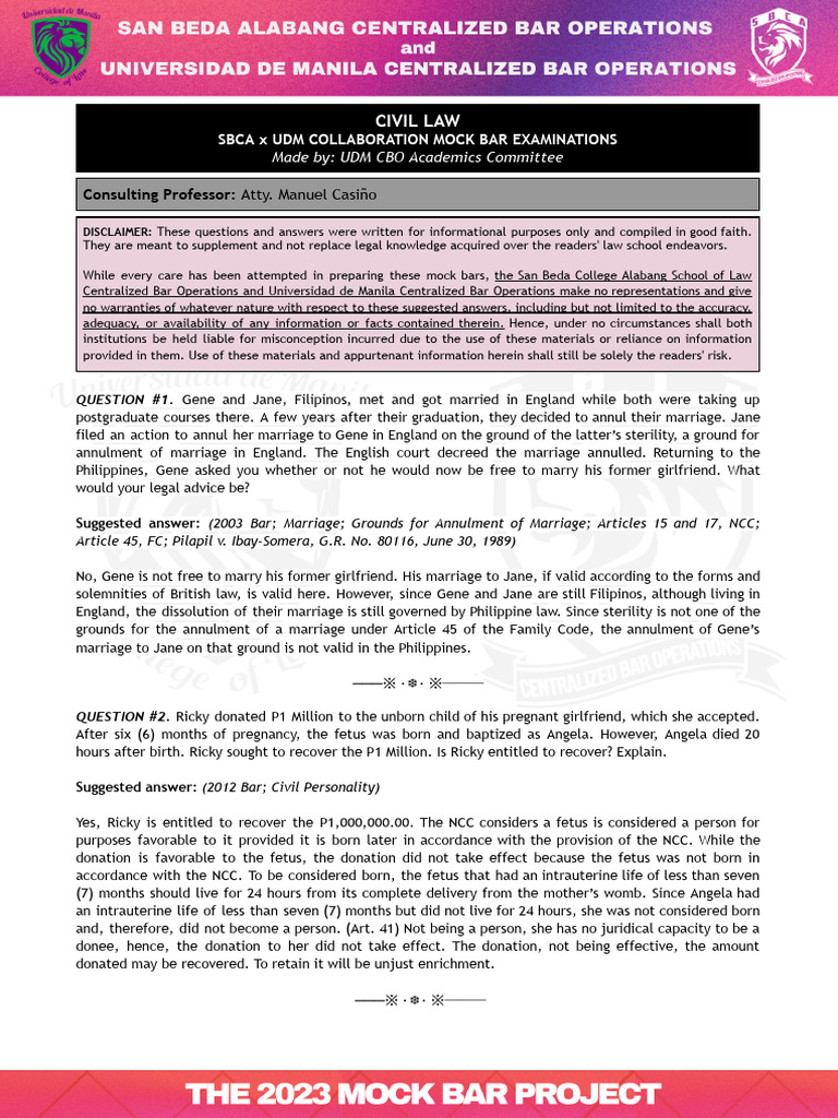 (Day 2 Am) Civil Law Mock Bar (Sbca X Udm) | PDF | Guarantee | Surety