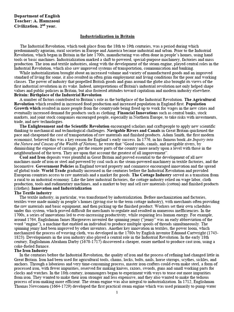 Industrialization in Britain | PDF | Industrial Revolution | James Watt