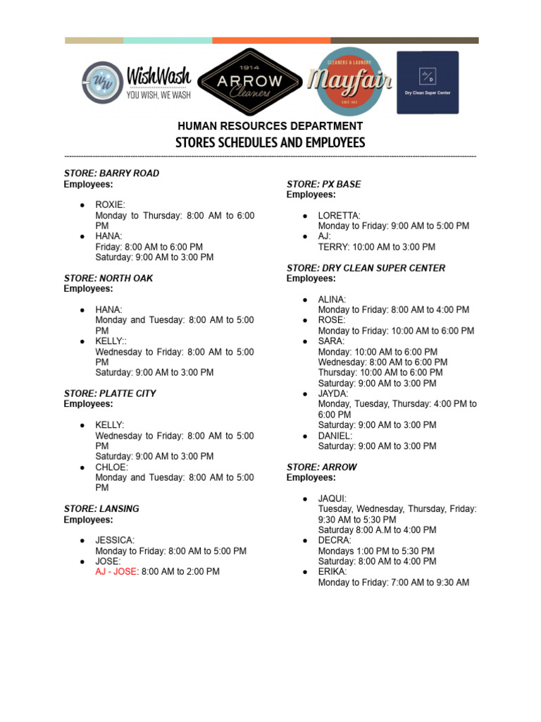 Stores Schedules and Employees | PDF