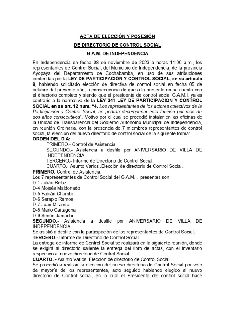 ACTA DE ELECCIÓN Y POSESIÓN CONTROL SOCIAL | Descargar gratis PDF | Gobierno