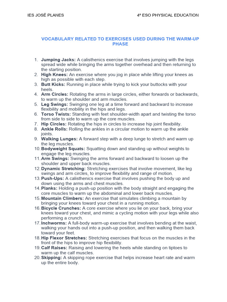 4º ESO Vocabulary of Some Warm Up Exercises | PDF | Physical Exercise ...