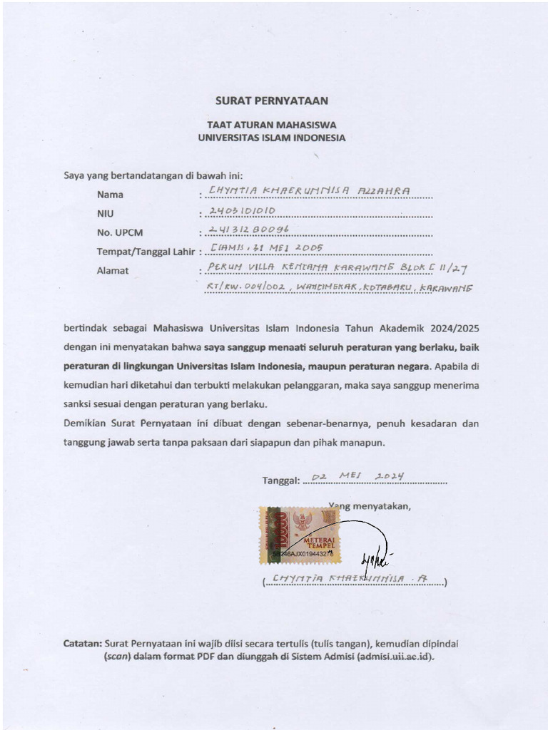 Surat Pernyataan Taat Aturan Mahasiswa Uii | PDF