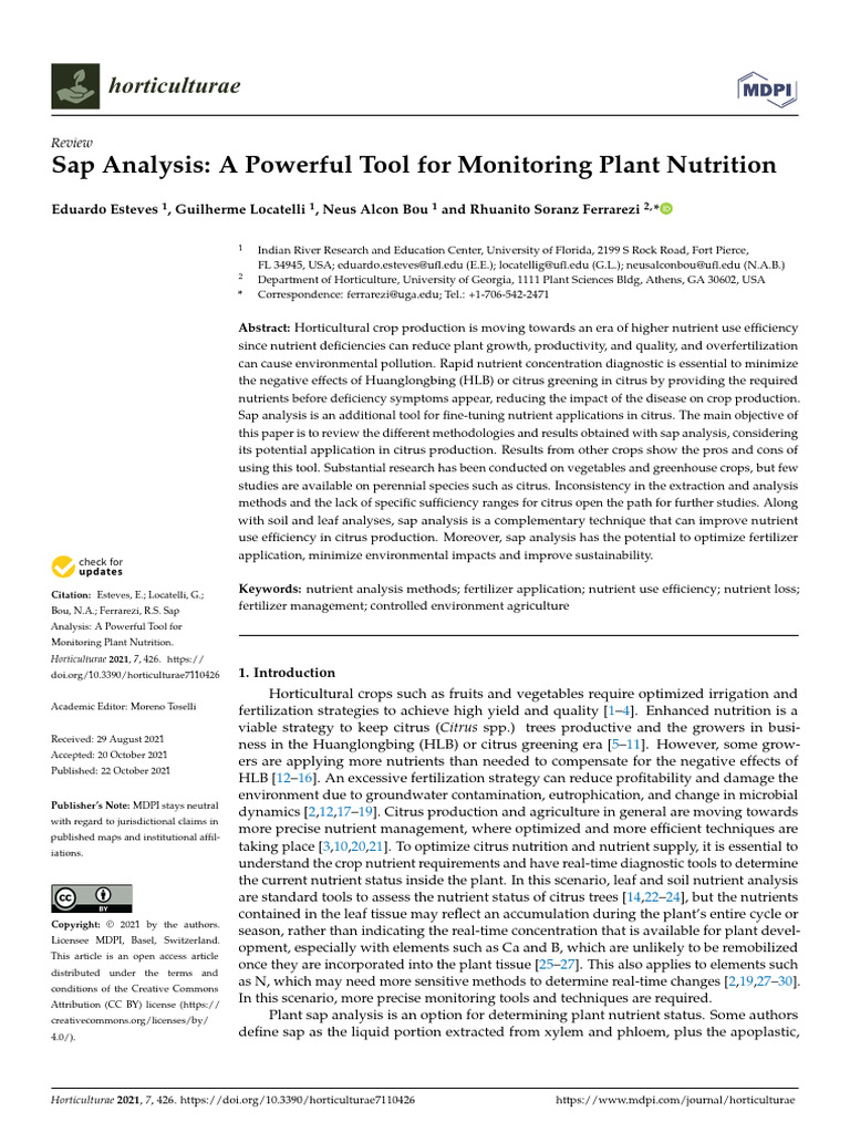 Sap Analysis A Powerful Tool For Monitoring Plant | PDF | Plant Nutrition | Fertilizer