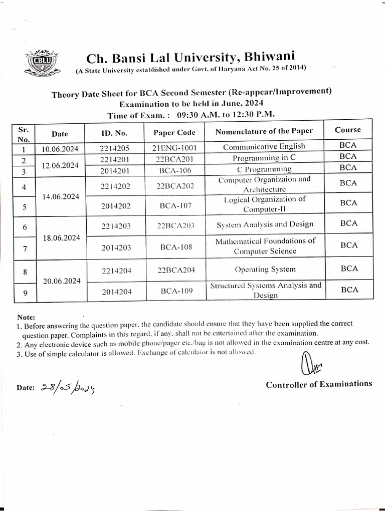 Theory Date Sheets of UG 2nd Sem. Re-Appear | PDF