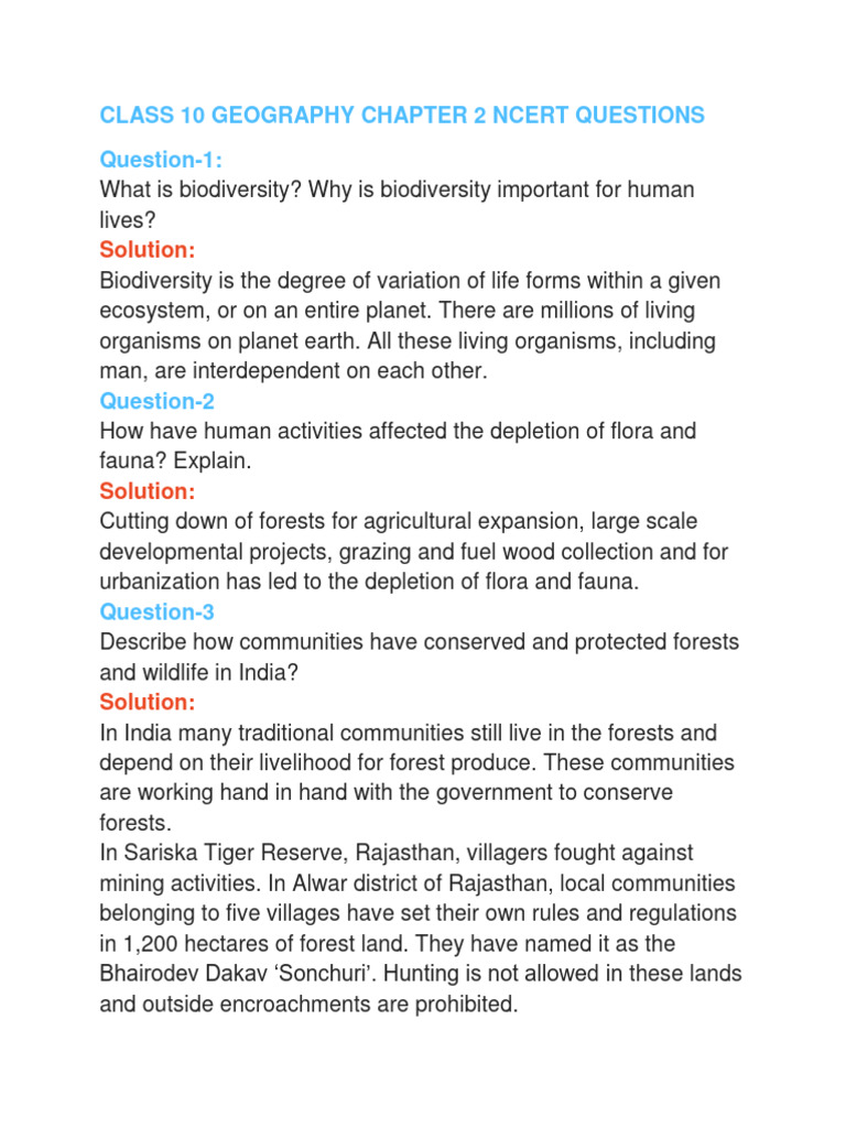 Class 10 Geography Chapter 2 Xtra Ques | PDF | Biodiversity | Habitat Destruction