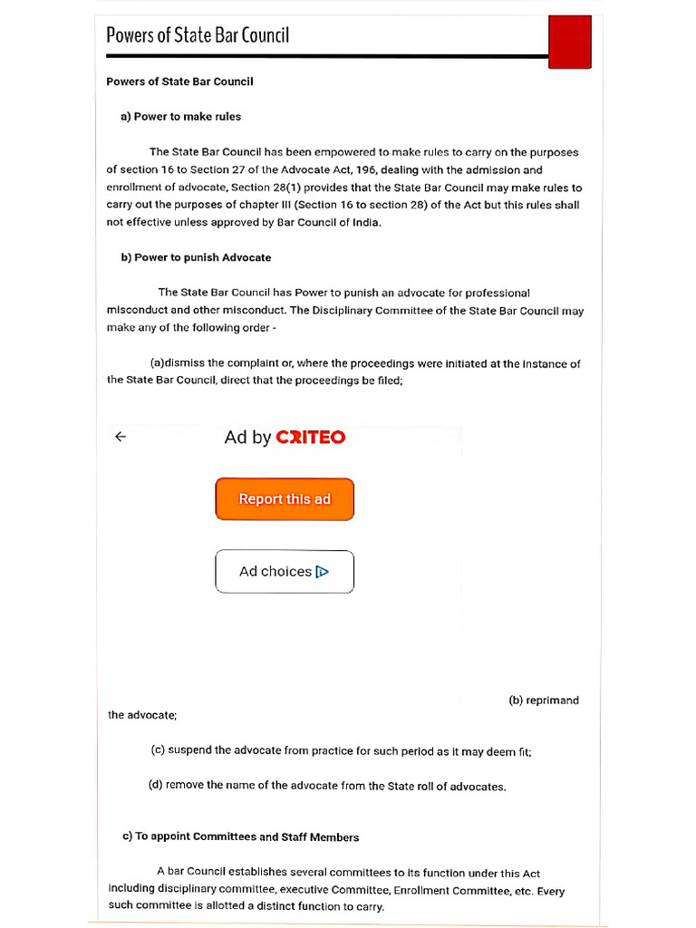 Powers of State Bar Council | PDF