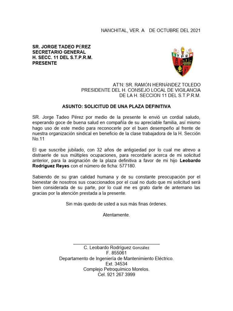 Oficio Pemex Solicitud de Plaza Definitiva | PDF
