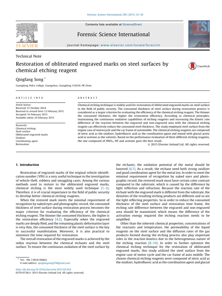 Restoration of Obliterated Engraved Marks on Steel Surfaces by Chemical ...