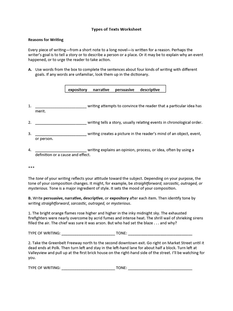 Types of Texts Worksheet | PDF | Sylvia Plath