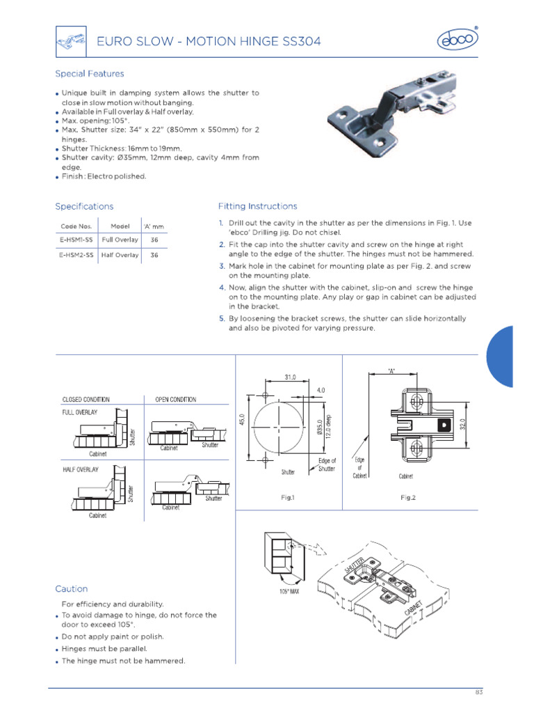 Euro Slow Motion Hinge Ss 304 | PDF
