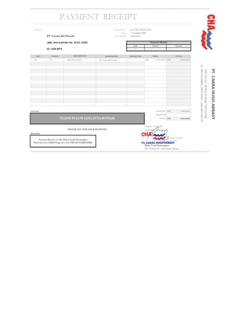 Payment Receipt for PT. Caraka Dwi Persada | PDF | Indonesian Rupiah ...