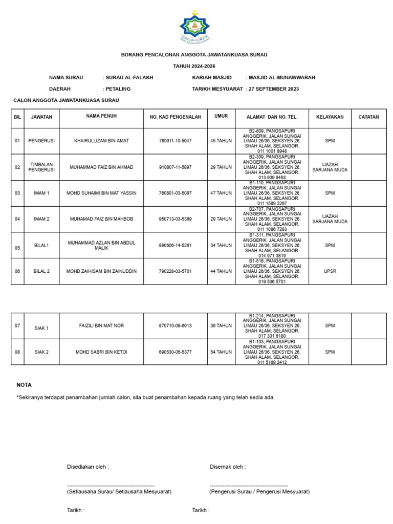Borang Pencalonan Jk Surau Pdf