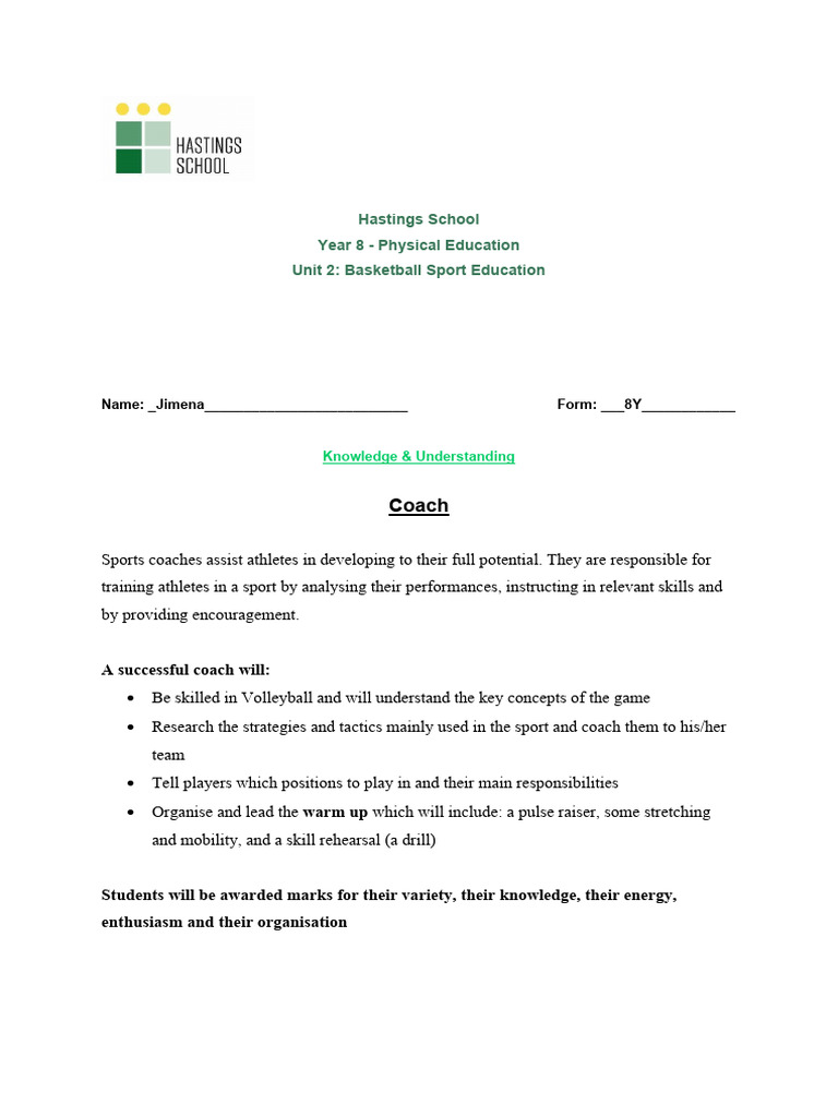 Year 8 Basketball Role Descripton - Coach | PDF | Behavior Modification ...