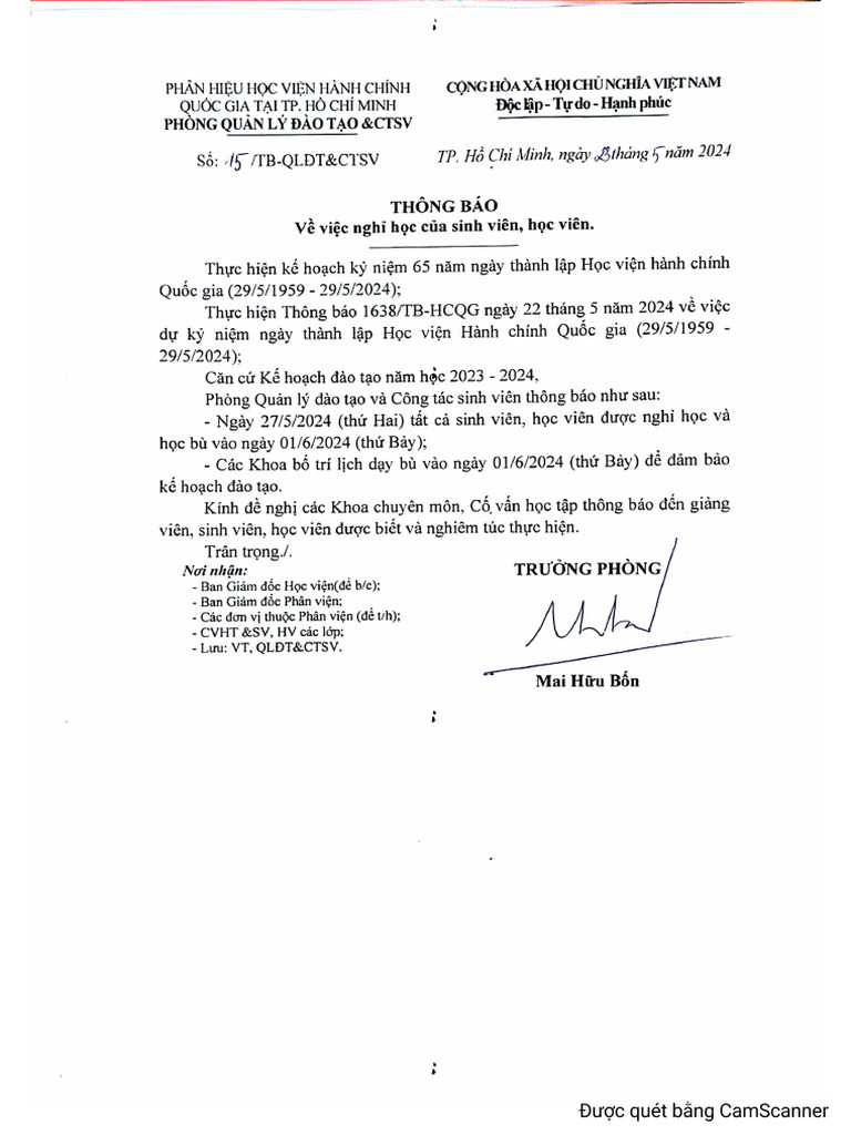 Thong Bao Nghi Hoc Du Le Ky Niem Thanh Lap HV | PDF