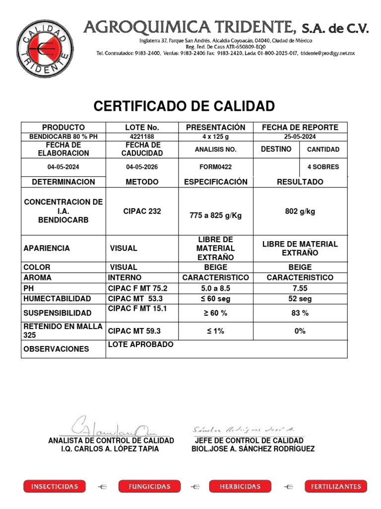 Certificado Bendiocarb 80 PH 4221188 | PDF