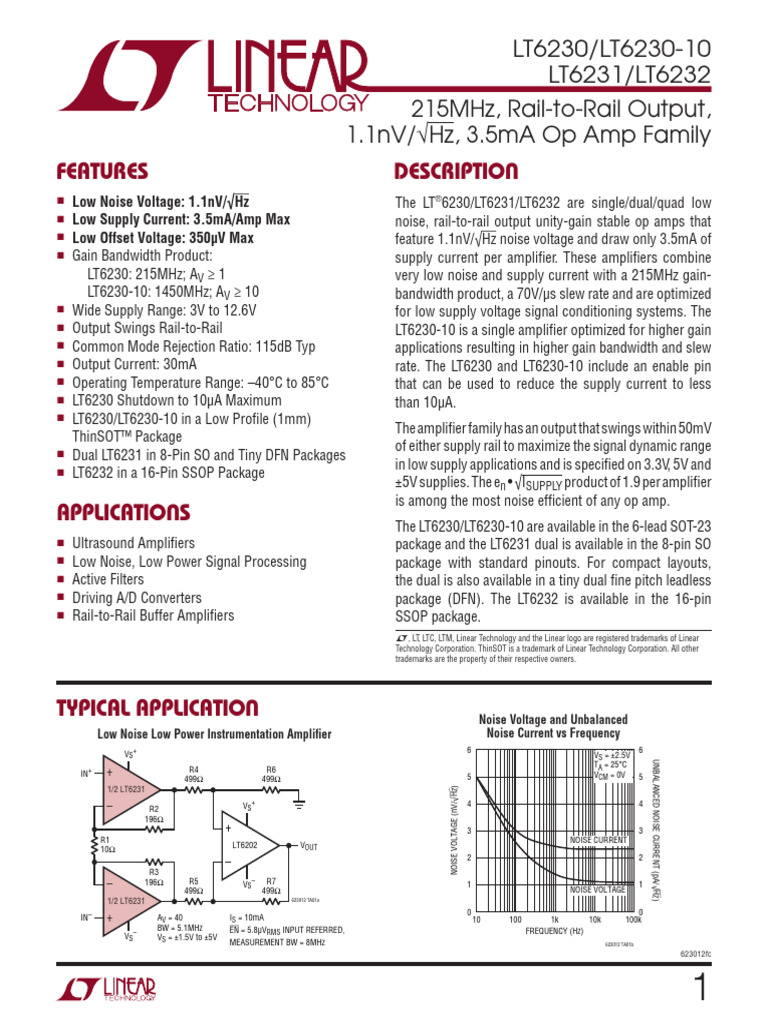 Features Description: Lt6230/Lt6230-10 Lt6231/Lt6232 215Mhz, Rail-To ...