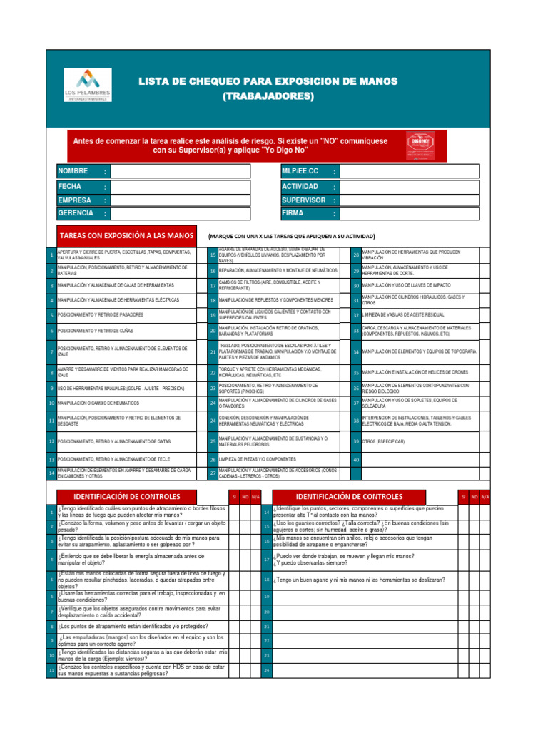 CHECK LIST EXPOSICIOìN DE MANOS (VF) (1) - 231019 - 110538 | PDF | Guante
