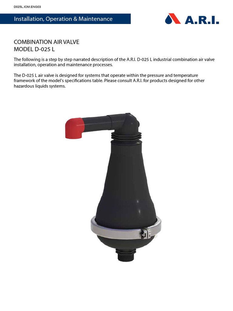 Combination Air Valve Model D-025 L: Installation, Operation & Maintenance | PDF | Valve ...