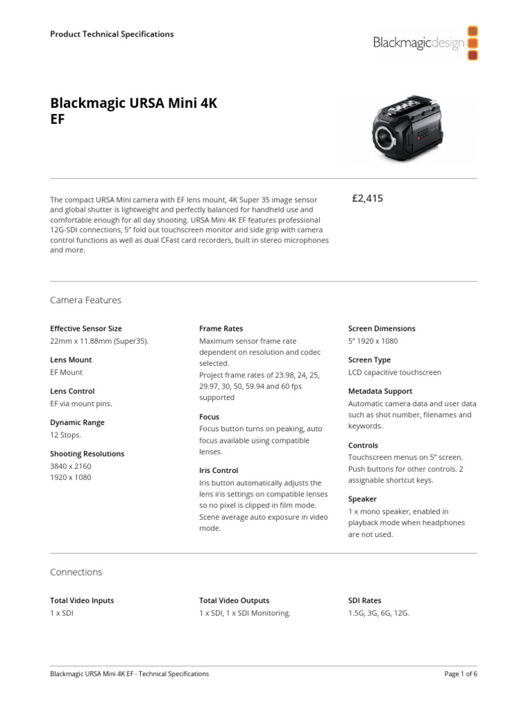 Blackmagic Ursa Mini 4k Ef Techspecs | PDF | Film And Video Technology | Digital Technology