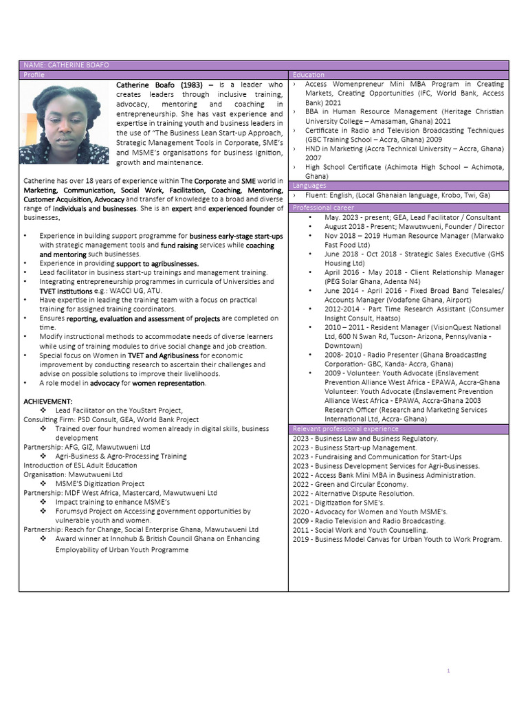 1 Page CV Catherine | PDF | Small And Medium Sized Enterprises | Economies