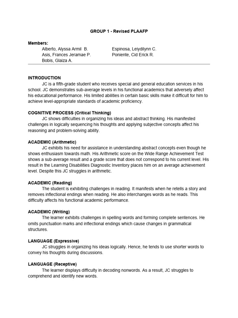 Group 1_Revised PLAAFP | PDF | Thought | Word