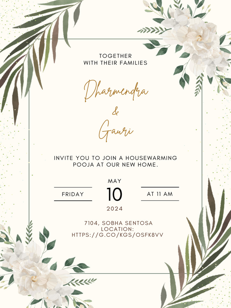 Cream Green Floral Wedding Invitation | PDF