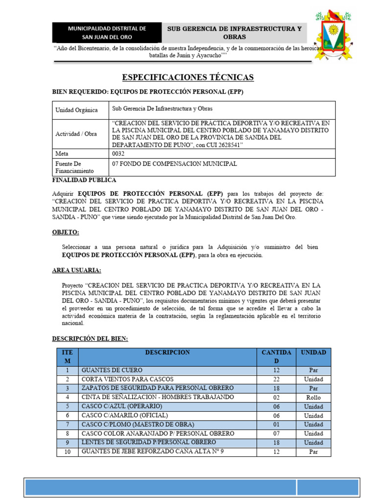 Especificaciones Técnicas EPPs Personal Obrero | PDF | Materiales