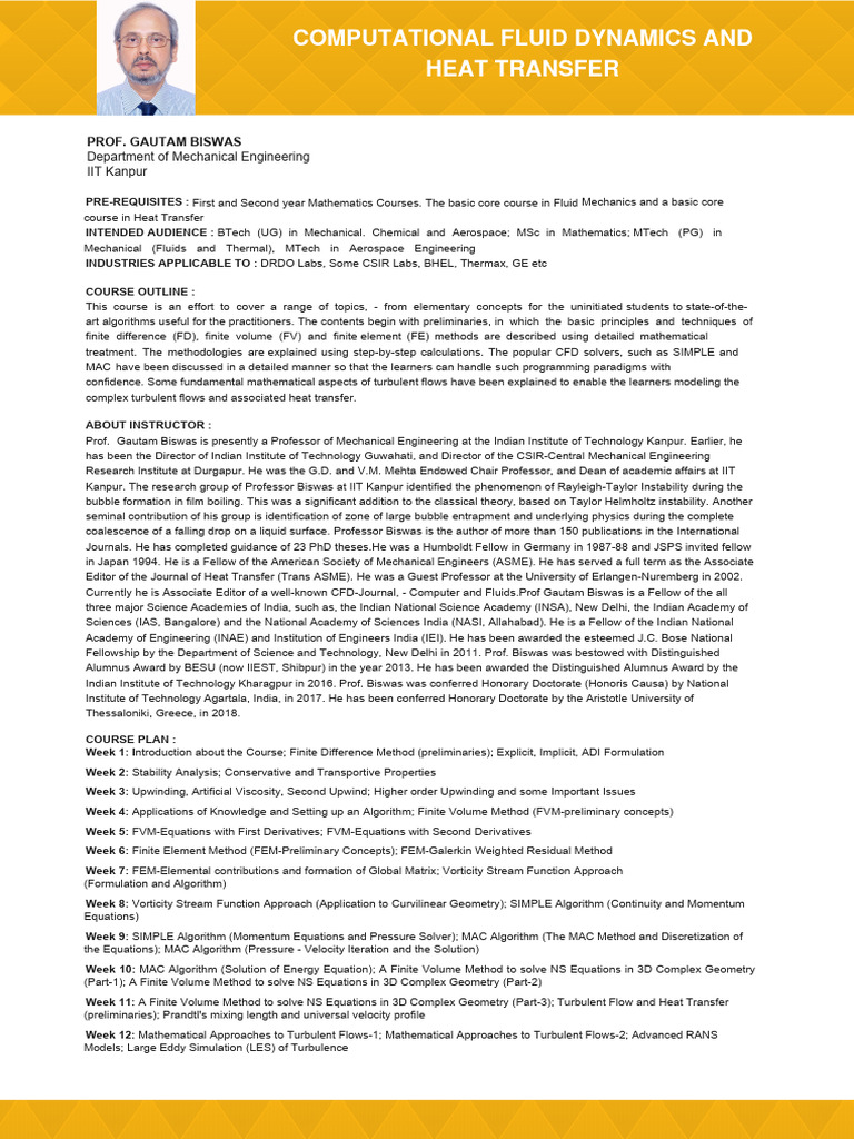 Computational Fluid Dynamics and Heat Transfer: Department of Mechanical Engineering IIT Kanpur ...
