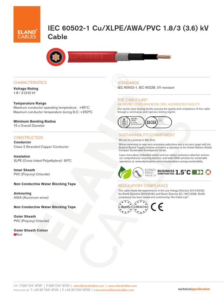 IEC 60502-1 Cu-XLPE-AWA-PVC Cable 1.8-3 (3.6)kV (1) | PDF | Polyvinyl Chloride | Electrical ...