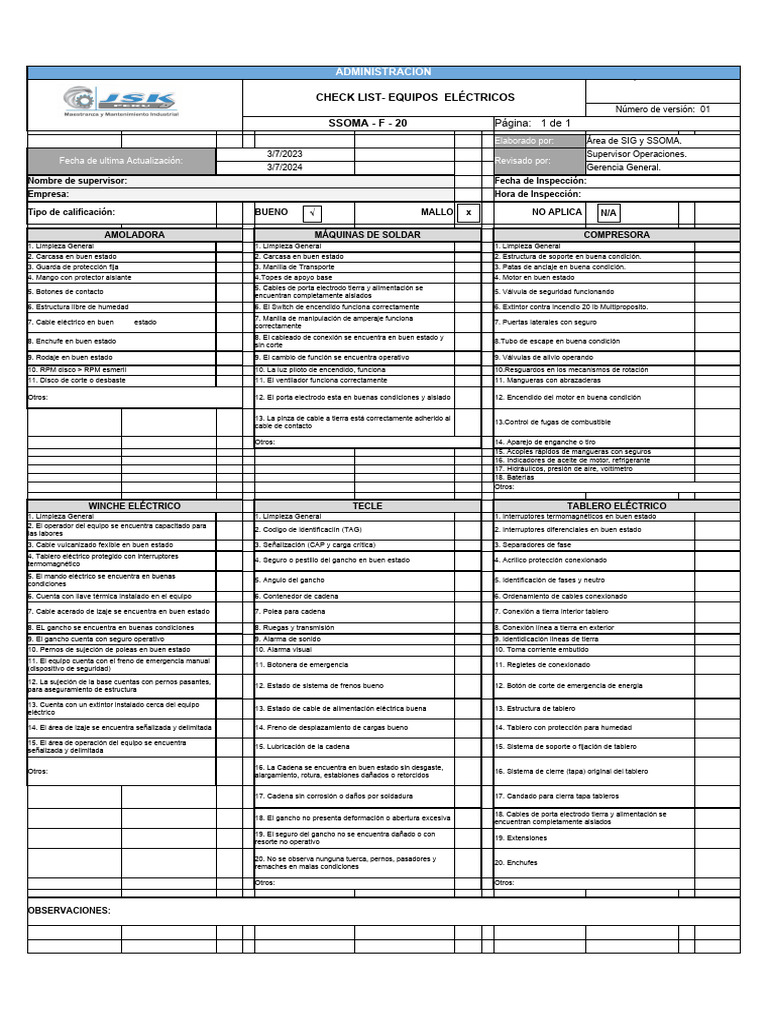 SSOMA-F-20 Check List - Equipos Eléctricos v.01 | PDF | Cambiar ...