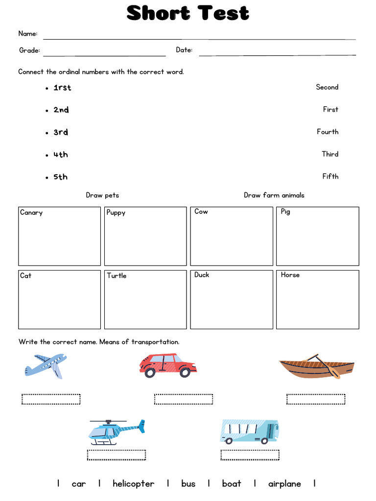 Short Test on Ordinal Numbers and Pets | PDF