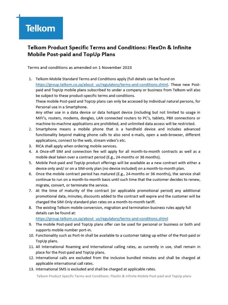 Telkom Product Specific Terms and Conditions - Mobile Postpaid and TopUp Plans - Nov2023 - 2 ...