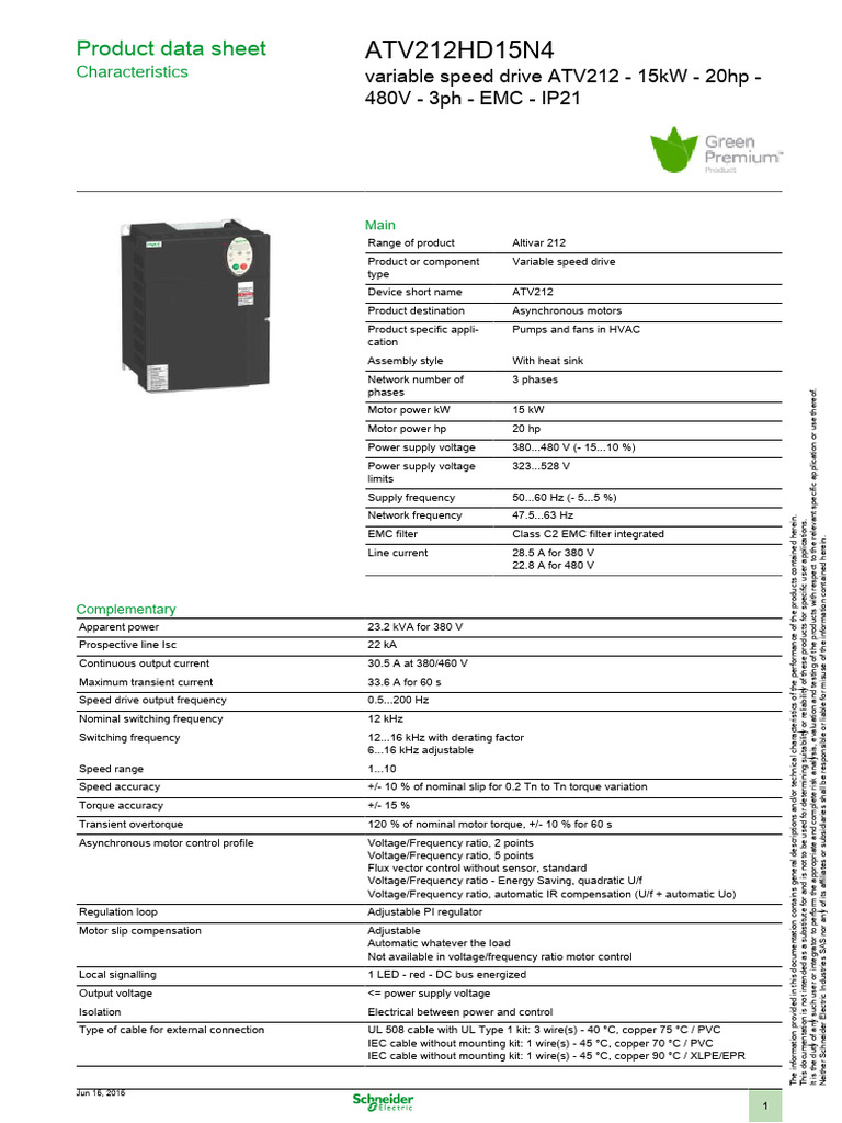 ATV212HD15N4: Product Data Sheet | PDF | Electric Motor | Programmable ...